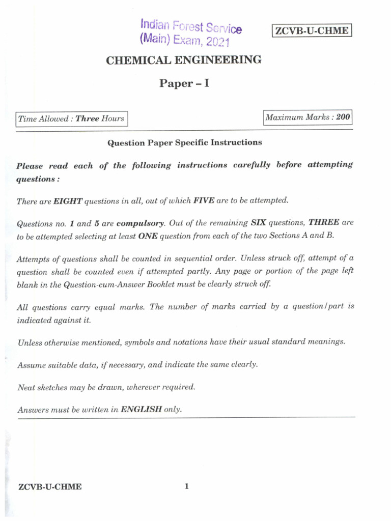 Upsc Ifs Main Chemical Engineering Paper I Question Paper 2021 | PDF
