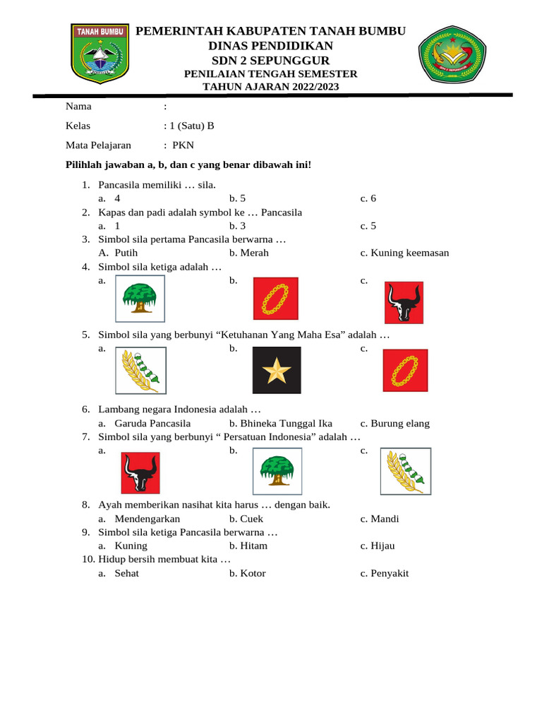 Soal PTS Kelas 1 PKN | PDF