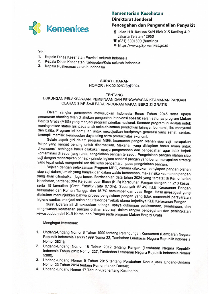 Surat Edaran MBG_Ditjen P2P (1) | PDF
