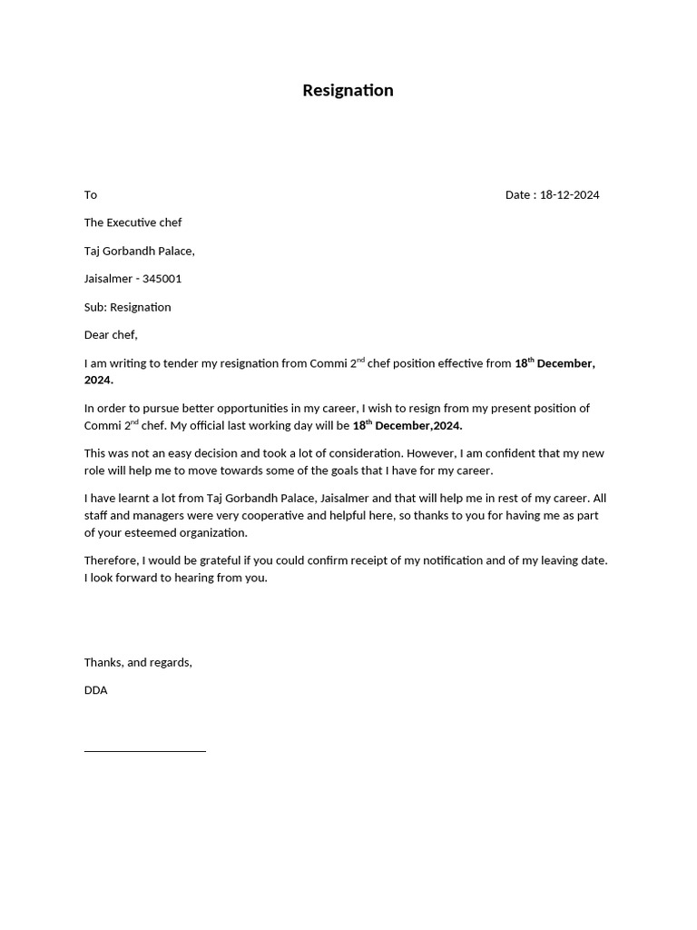 Commi Chef Resignation Letter | PDF