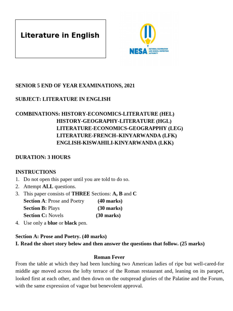 S5 Literature Exam Paper 2021 | PDF