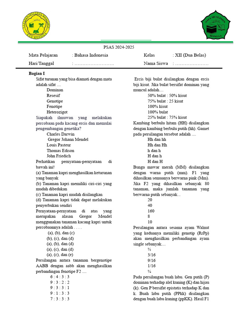 Soal Genetika SMA Kelas XII 2024-2025 | PDF