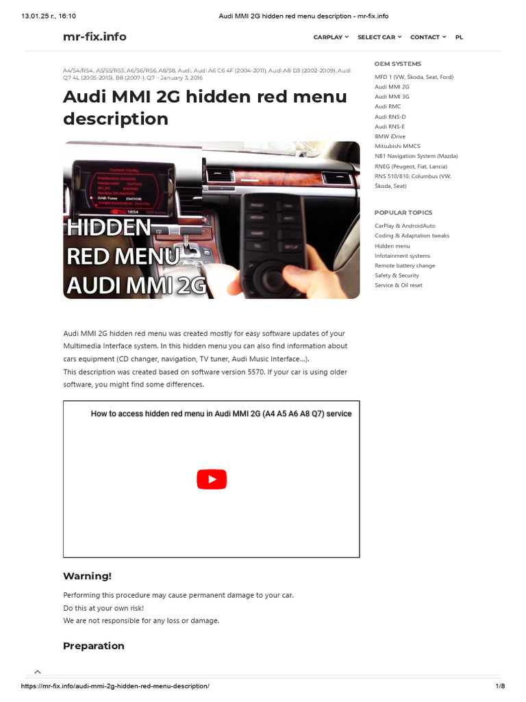 Audi MMI 2G Hidden Red Menu Description - Mr-Fix - Info | PDF | Audi | Motor Vehicle
