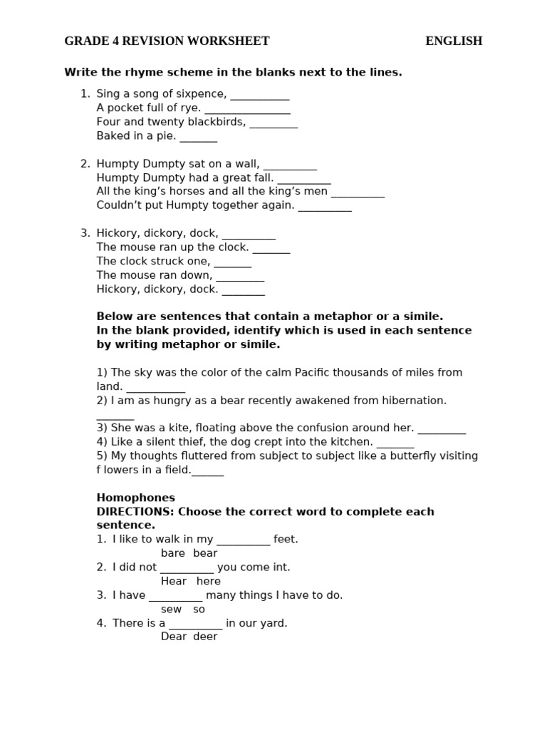 Grade 4 English Revision Worksheet | PDF