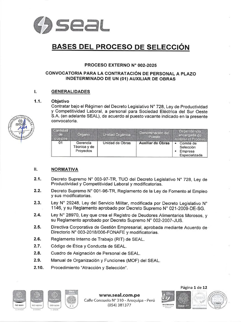 Bases Proceso de Selección Externo N° 002-2025 - Auxiliar de Obras | PDF