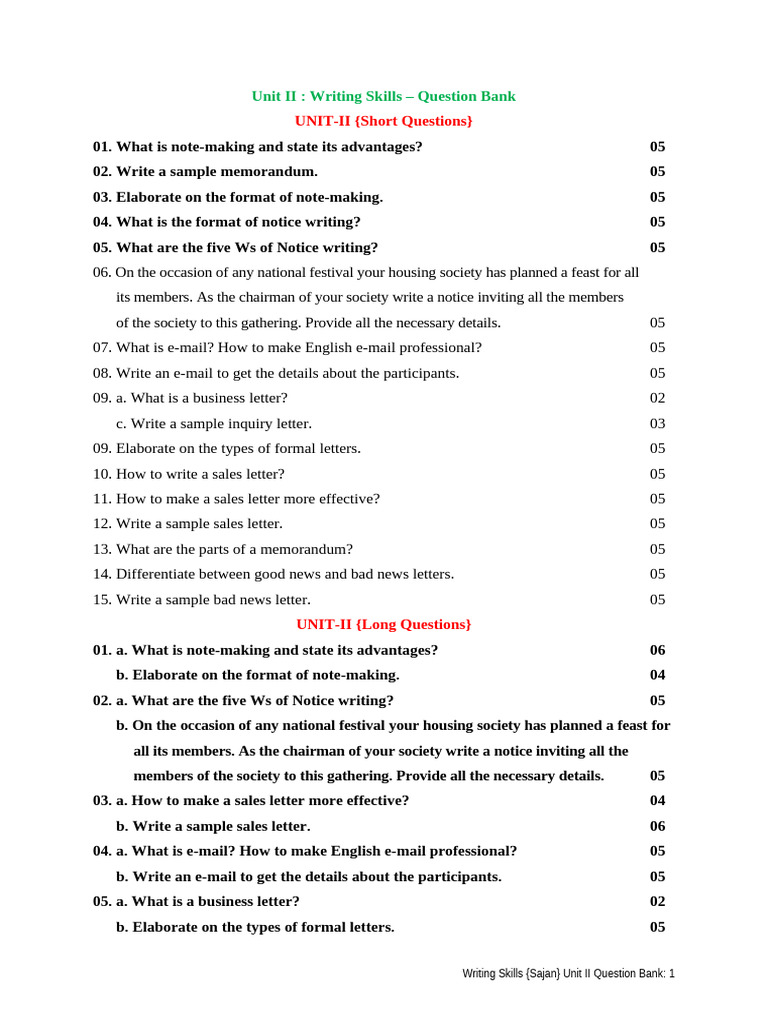 Unit II Queston Bank Writing Skills | PDF | Human Communication
