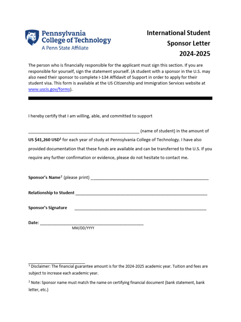 Penn College International Student Sponsor Letter 24-25 | PDF