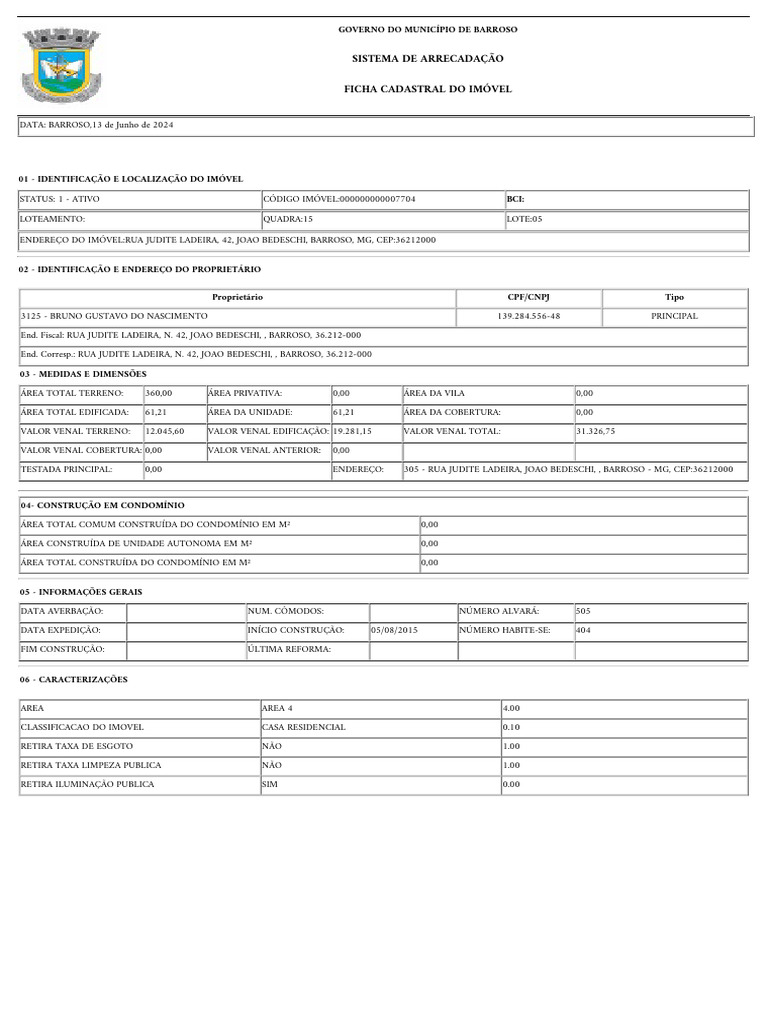 Ficha Cadastral Imovel-Imovel 000000000007704 | PDF | Brasil