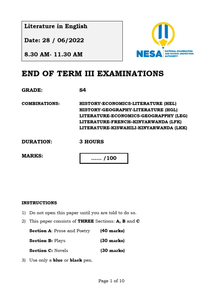 Literature in English S4 QUESTION and Marking Guide | PDF