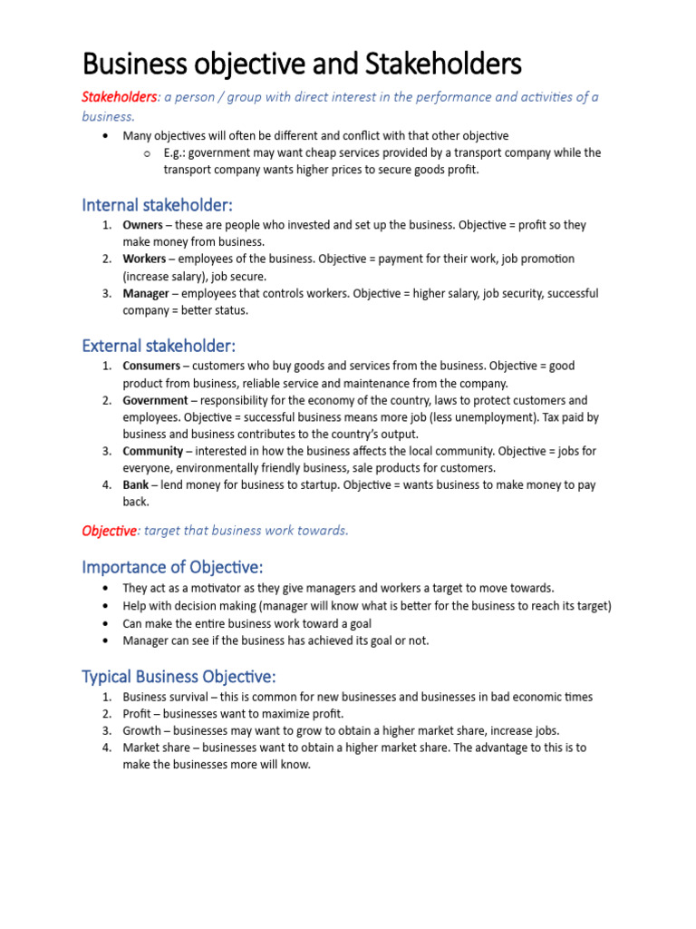 Business Objectives and Stakeholder Roles | PDF | Employment | Profit ...