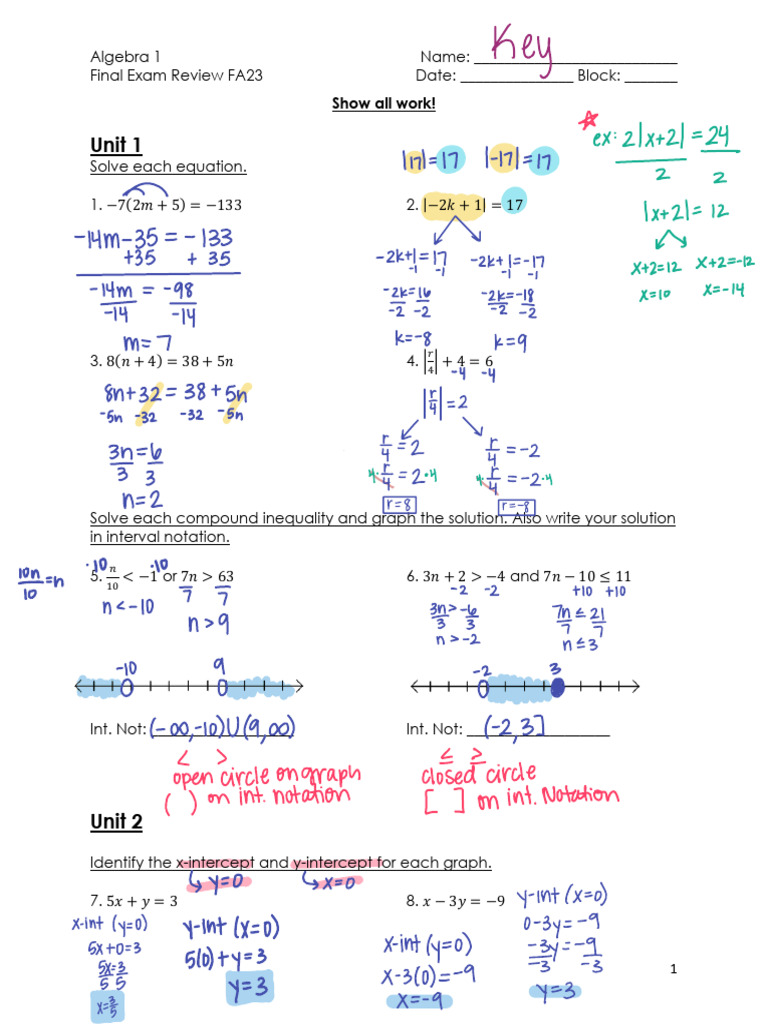 Alg 1 Final Review Key Fall23 | PDF | Inequality (Mathematics ...