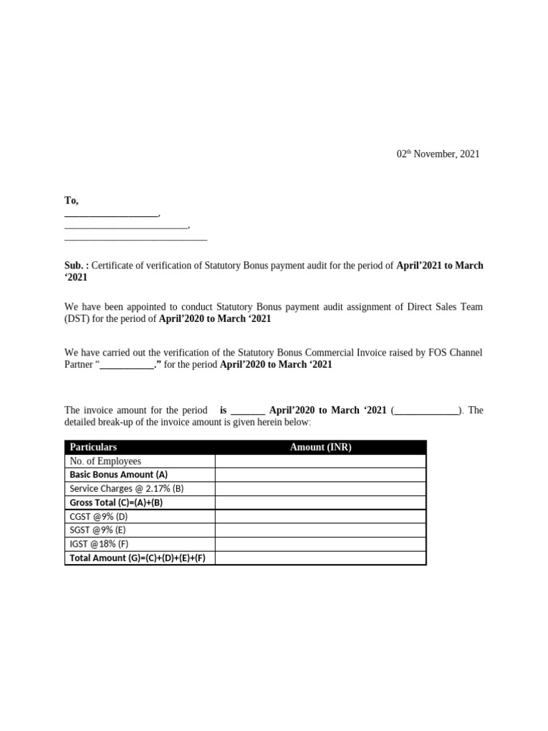 Statutory Bonus Payment Verification Certificate | PDF