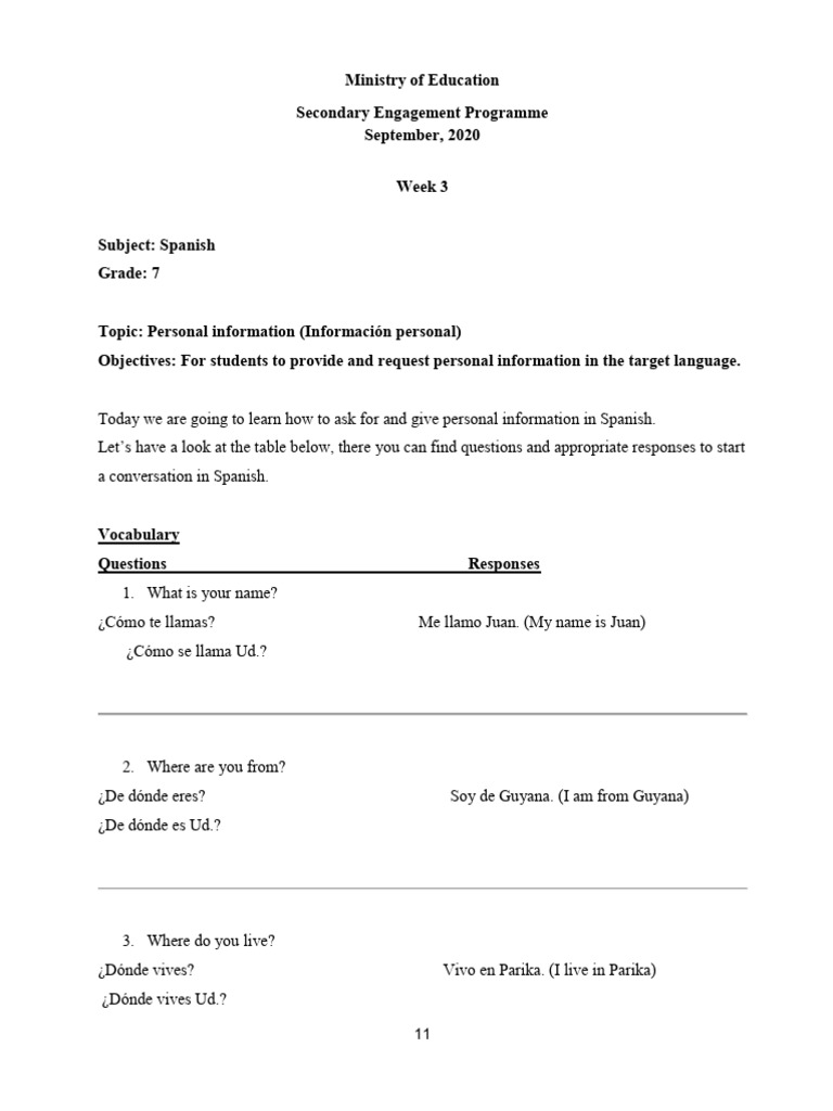 Grade 7 Spanish Week 3 Lesson 1 and Answersheet | PDF