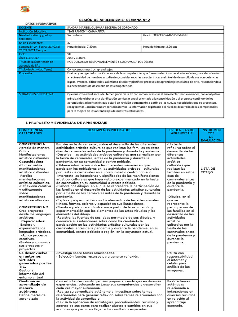 Sesión de Aprendizaje-Semana 2 - Evaluación Díagnóstico-Arte y Cultura | PDF | Aprendizaje ...
