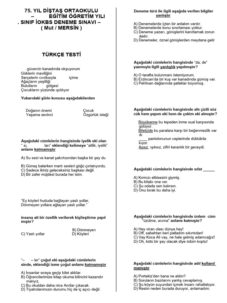 6.sinif Iokbs Deneme Sinav Sorulari Ve Cevaplari | PDF