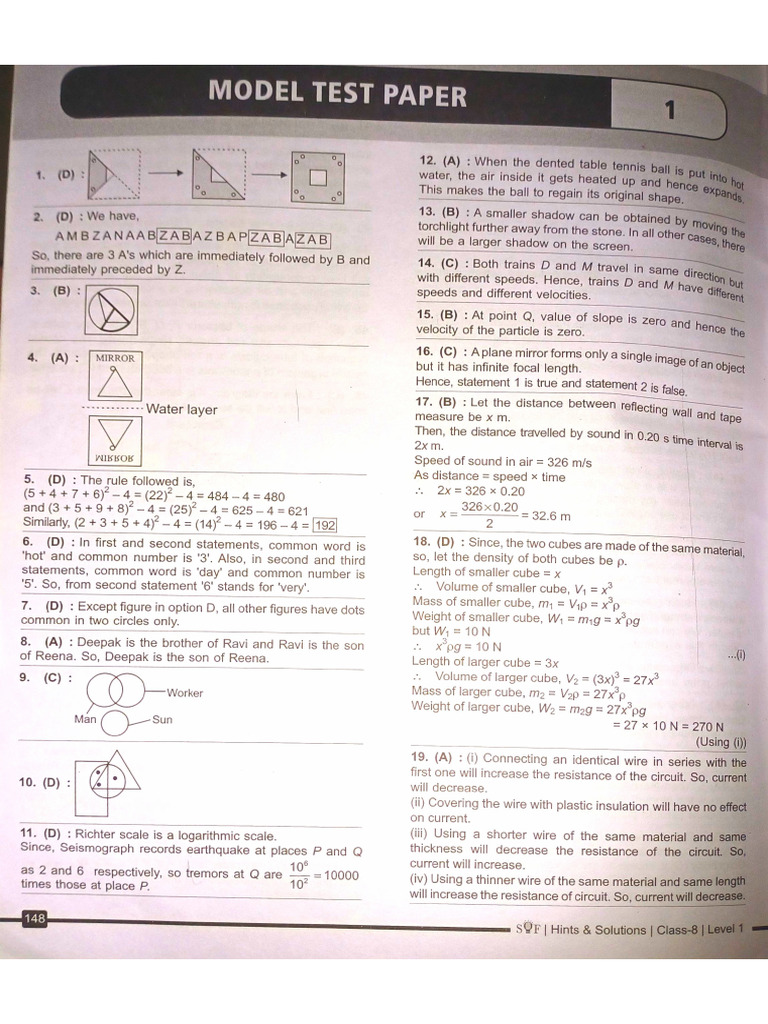 Grade 8 Nso Model Paper 1 Answer Key 2024 - 2025 | PDF