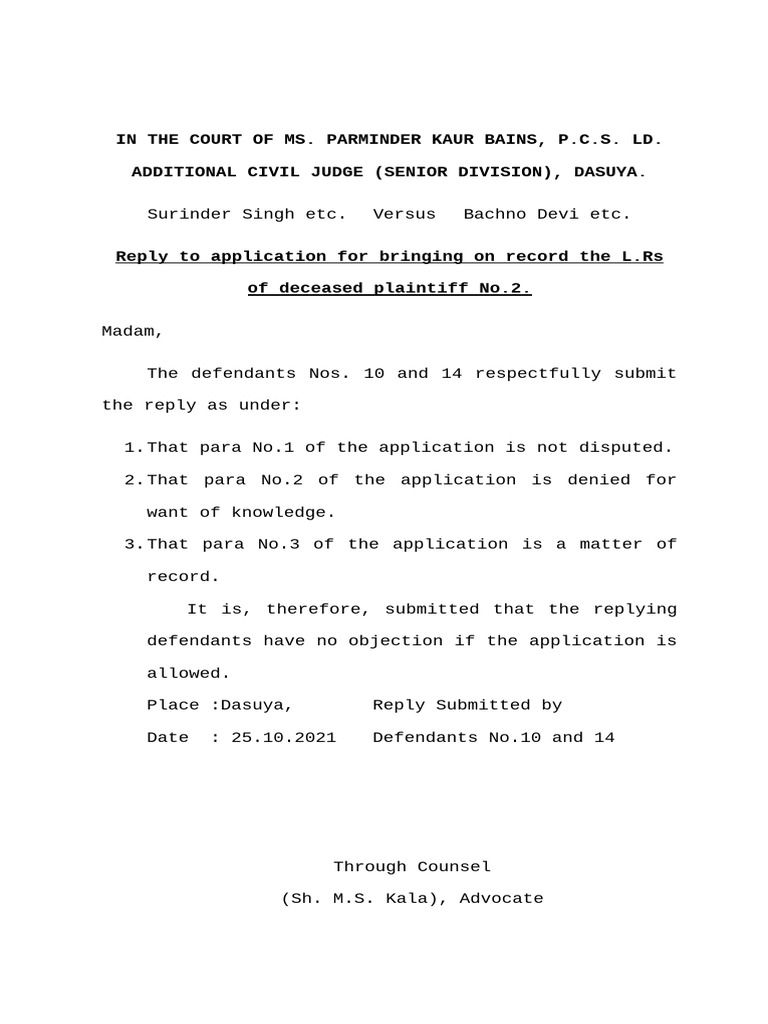 M.S. Kala, Adv Surinder Singh Versus Bachno Devi Etc. Reply to ... M.S. Kala, Adv Surinder Singh Versus Bachno Devi Etc. Reply to ...