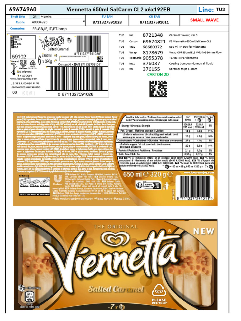 Viennetta Caramel 650ml Packaging Details | PDF