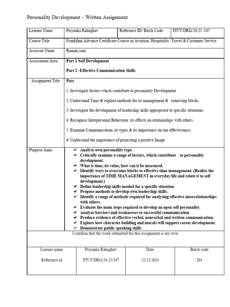 Personality Development Assignment Guide | PDF | Goal | Leadership