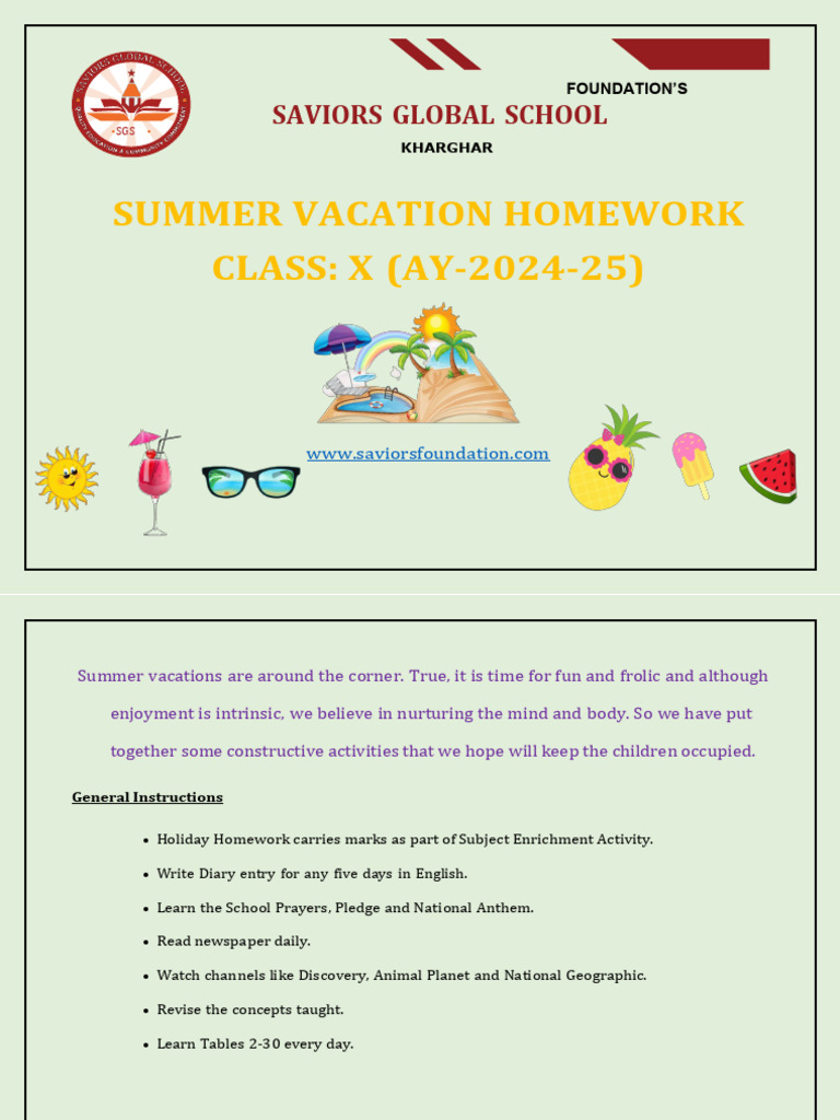Class X Summer Homework 2024-25 | PDF