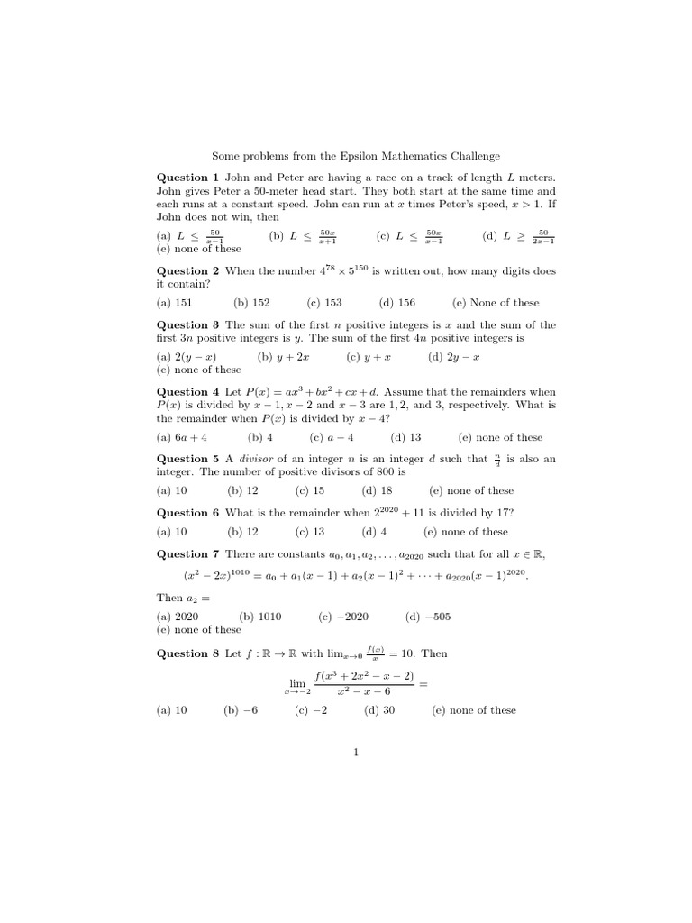 Epsilon Mathematics Challenge Problems | PDF