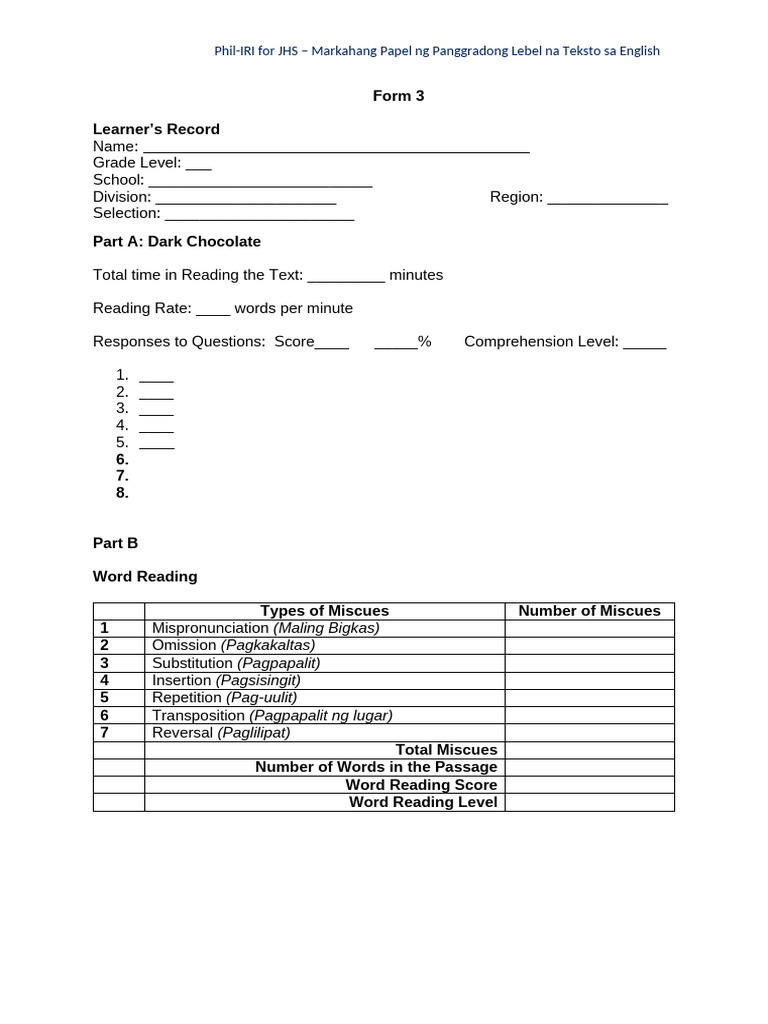 Phil IRI For JHS Form 3 | PDF