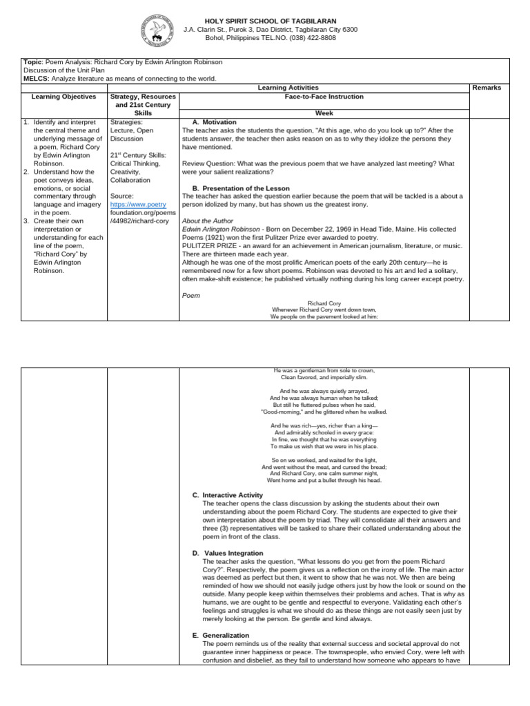 LP ENGLISH 24-25 (Richard Cory) | PDF | Poetry | Cognition