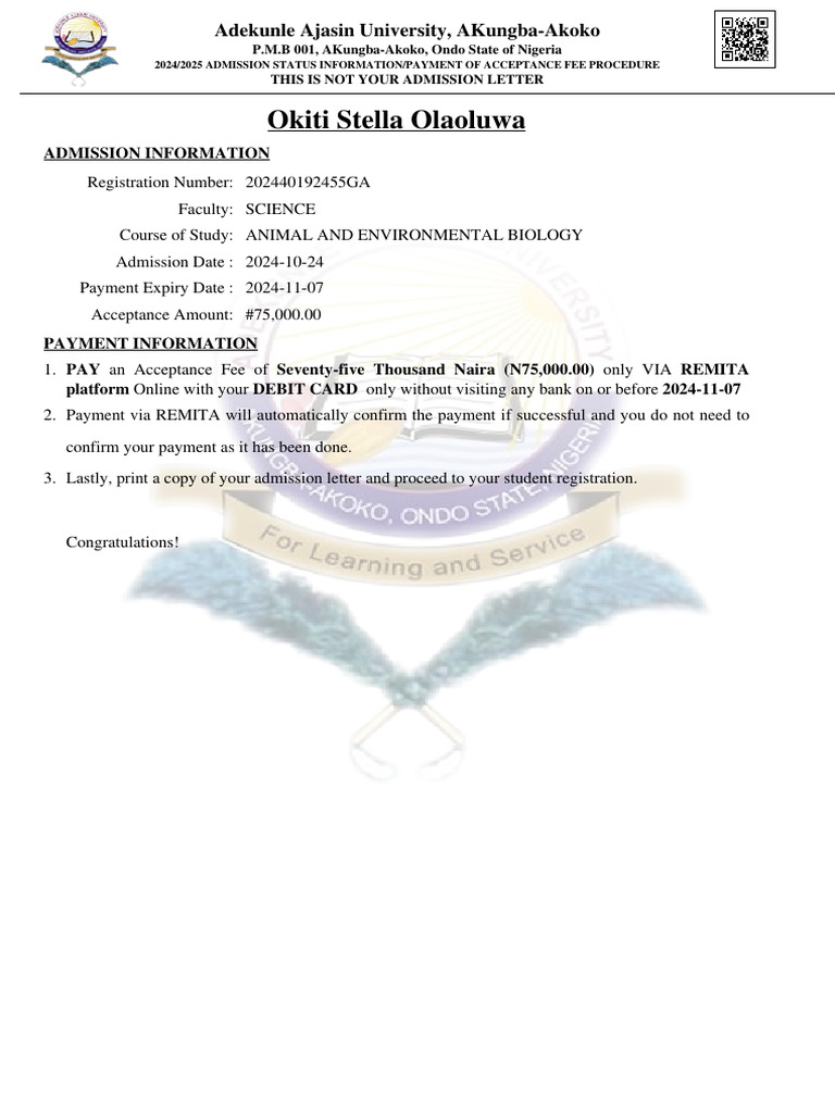 Okiti Stella Olaoluwa - Admission - Status | PDF