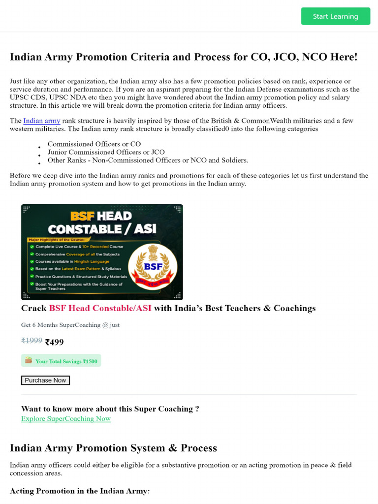 Indian Army Promotion Criteria & Process For CO, JCO, NCO Here! | PDF