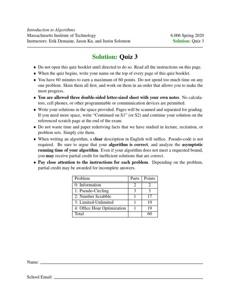 Mit6 - 006s20 - q3 - Sol Exam +solution | PDF | Dynamic Programming | Algorithms