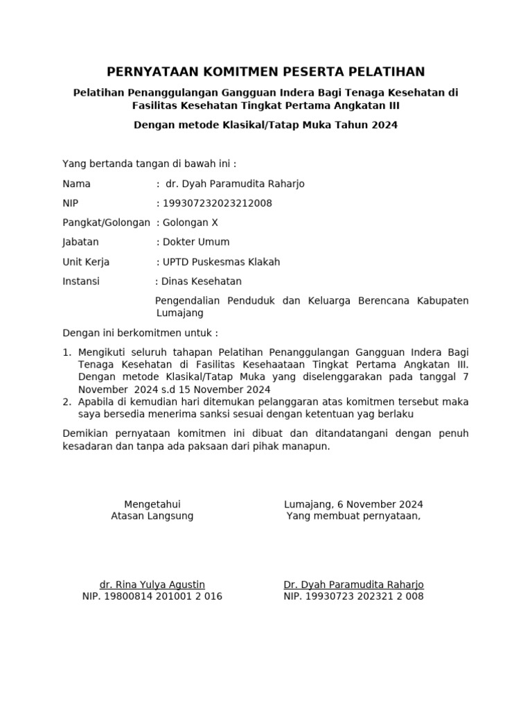 TEMPLATE SURAT KOMITMEN DR DYAH | PDF