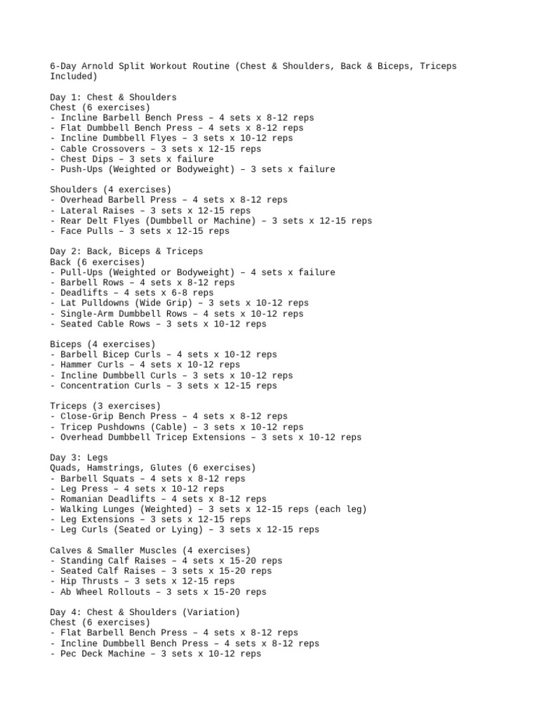 6-Day Arnold Split Workout Routine | PDF | Physical Exercise | Weight