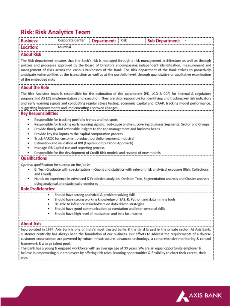 Risk JD - Risk Analytics Team | PDF | Analytics | Risk
