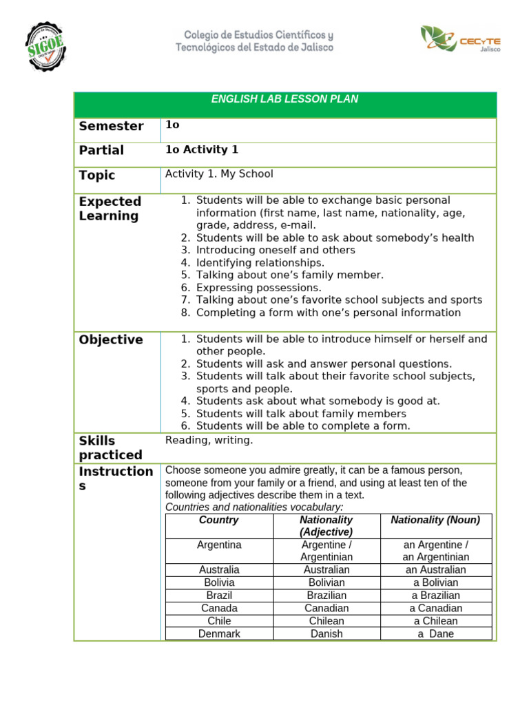 English Lab Lesson Plan: My School | PDF | English Language | Linguistics