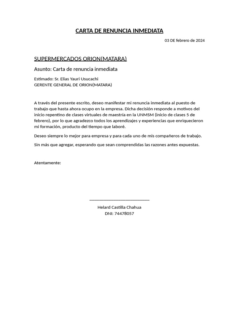 Carta de Renuncia Inmediata | PDF