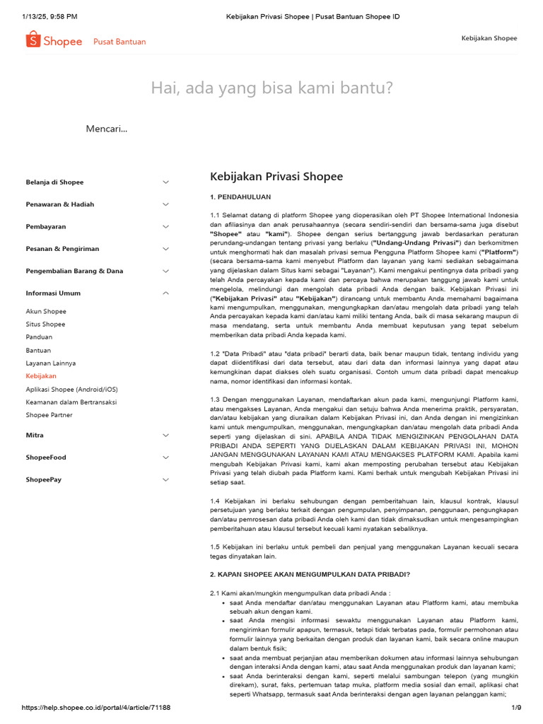 Kebijakan Privasi Shopee _ Pusat Bantuan Shopee ID | PDF