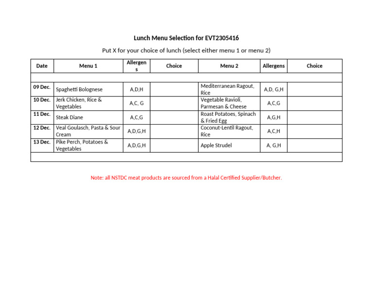 Lunch Menu Selection For EVT2305416 | PDF