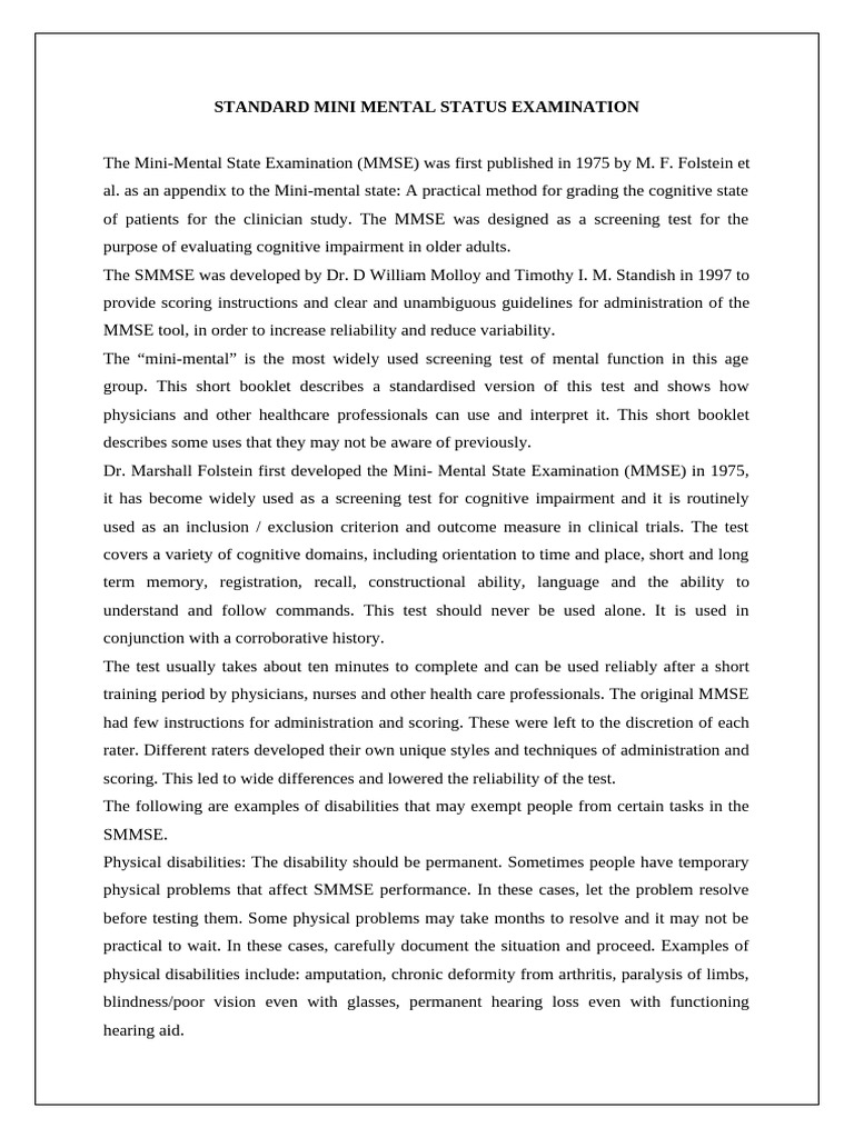 Standard Mini Mental Status Examination D | PDF | Cognitive Science ...