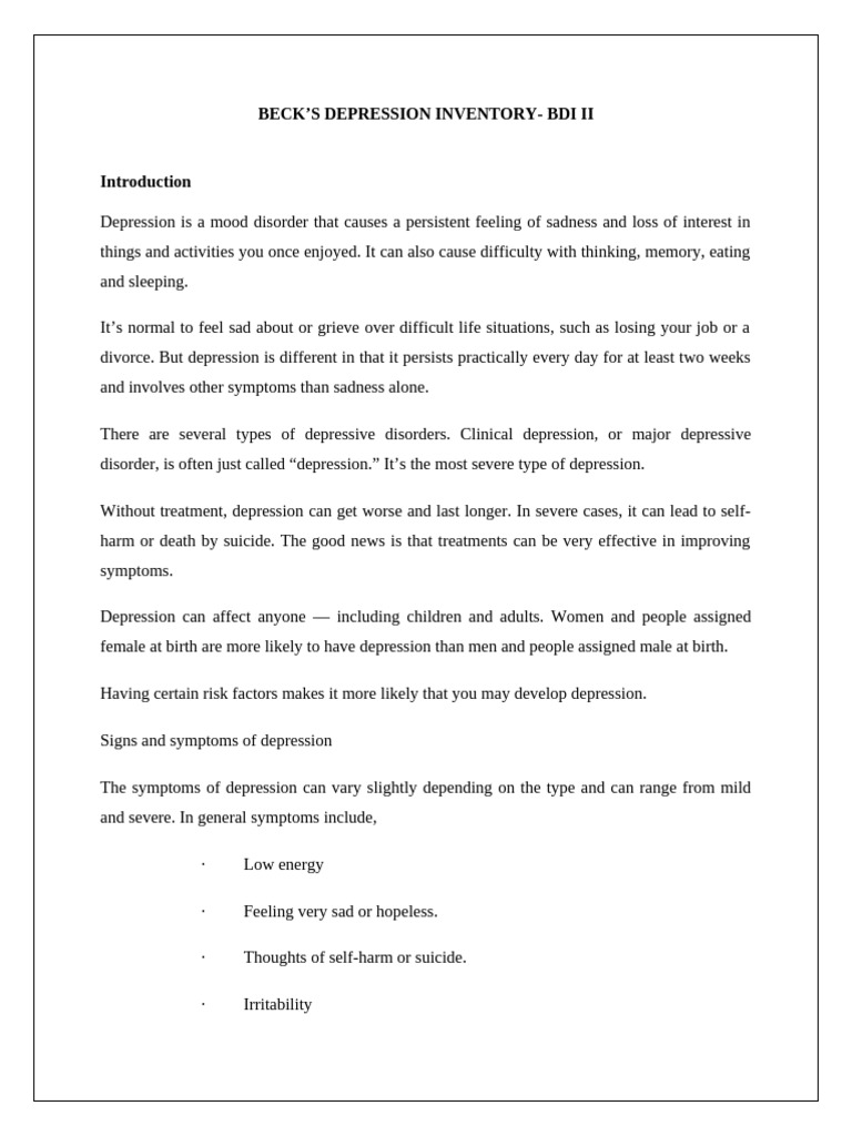 Beck's Depression Inventory - Bdi II | PDF | Psychology | Diseases And ...