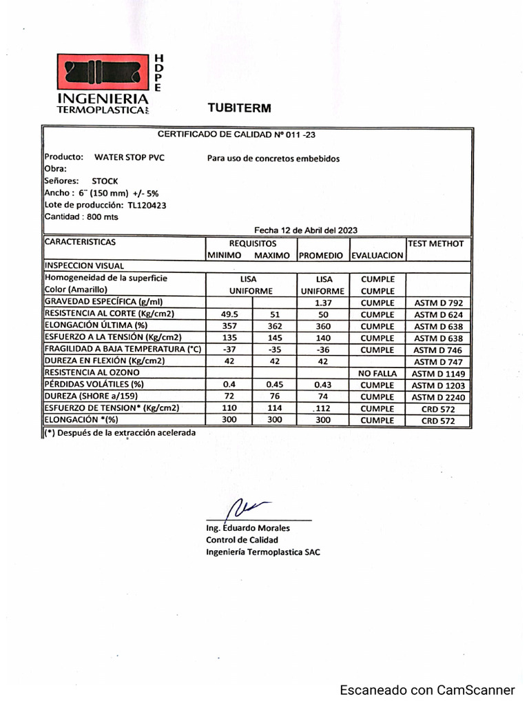 Certificado de Calidad WATER STOP (6) 2023 | PDF