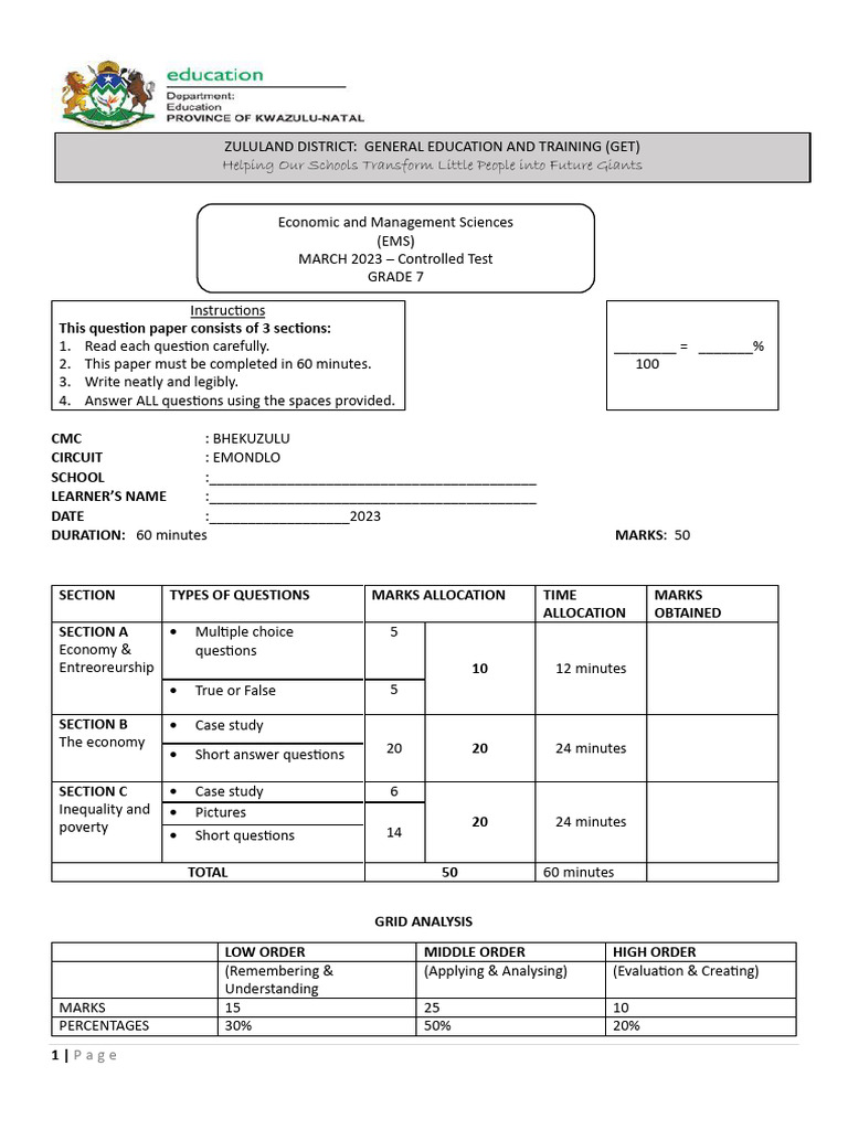 2023 Ems Grade 7 Term 1 Controlled Test | PDF | Recycling | Plastic