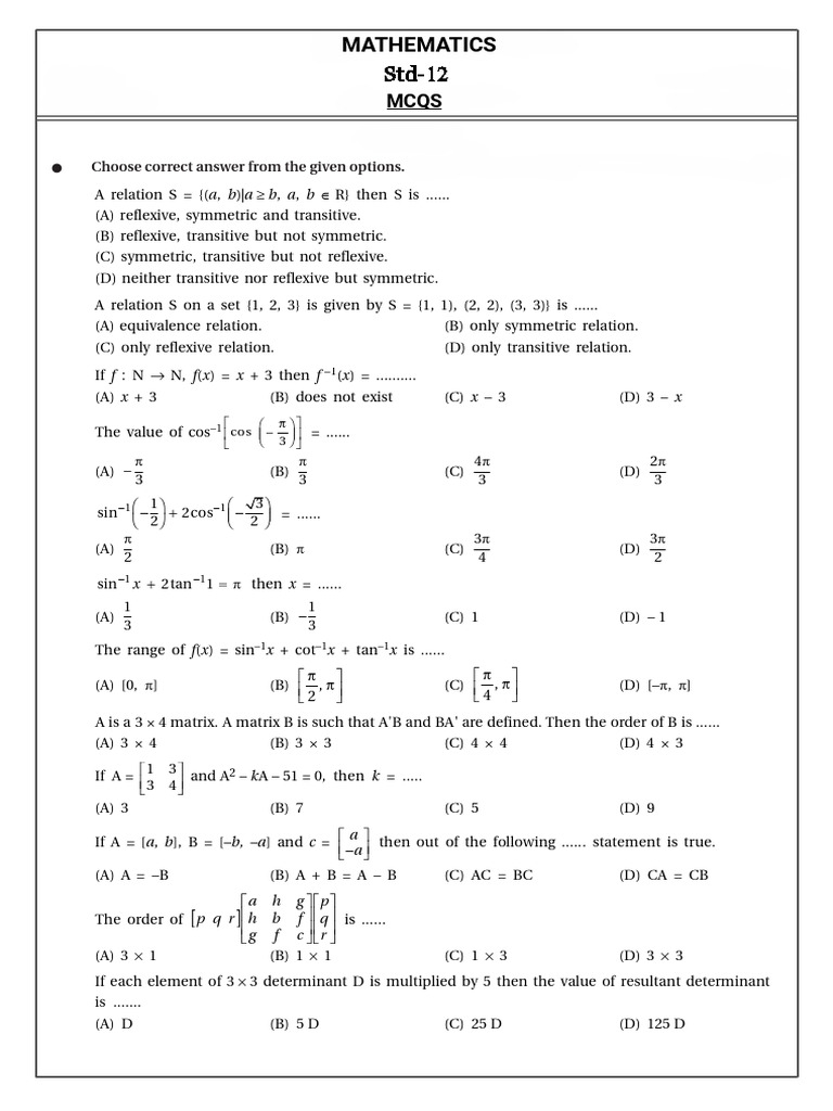 12th Mcqs | PDF | Mathematical Concepts | Mathematical Analysis