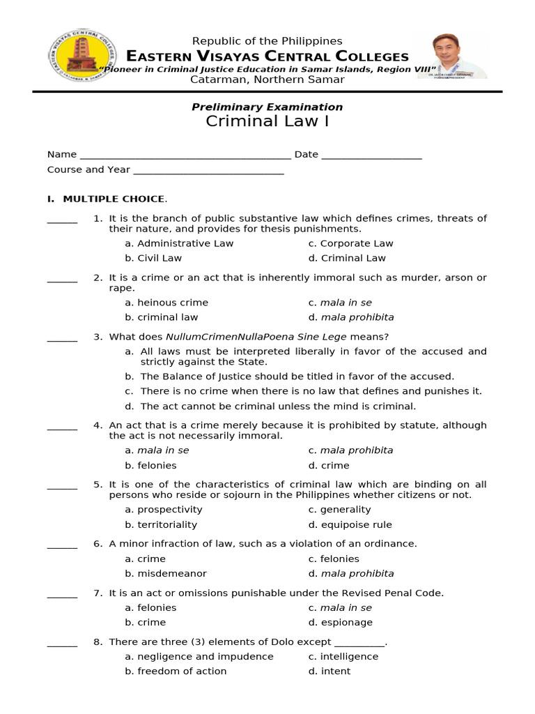 Criminal Law I Preliminary Exam Guide | PDF | Criminal Law | Crimes