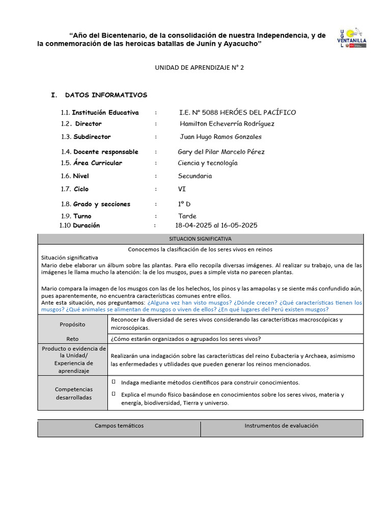 UNIDAD DE APRENDIZAJE #2 - 1ro | PDF | Evaluación | Aprendizaje