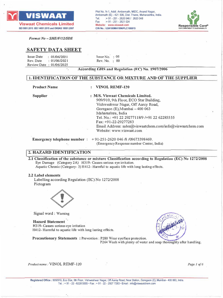 NP12 VINOL REMF-120_MSDS | PDF | Dangerous Goods | Chemistry