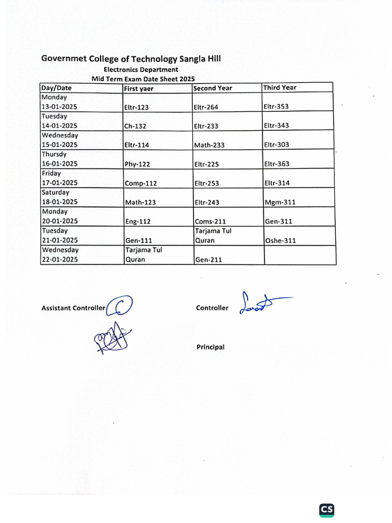 Electronics Mid Term Date Sheet 2025 | PDF