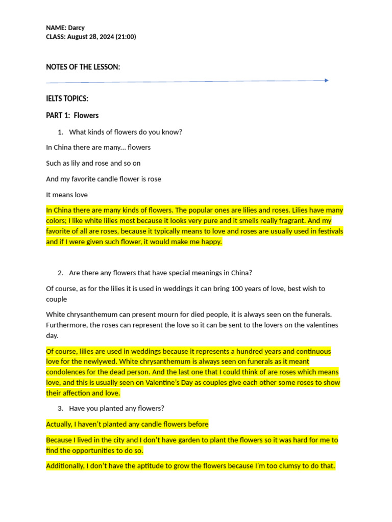 Notes of The Lesson Darcy | PDF | Flowers | Adolescence