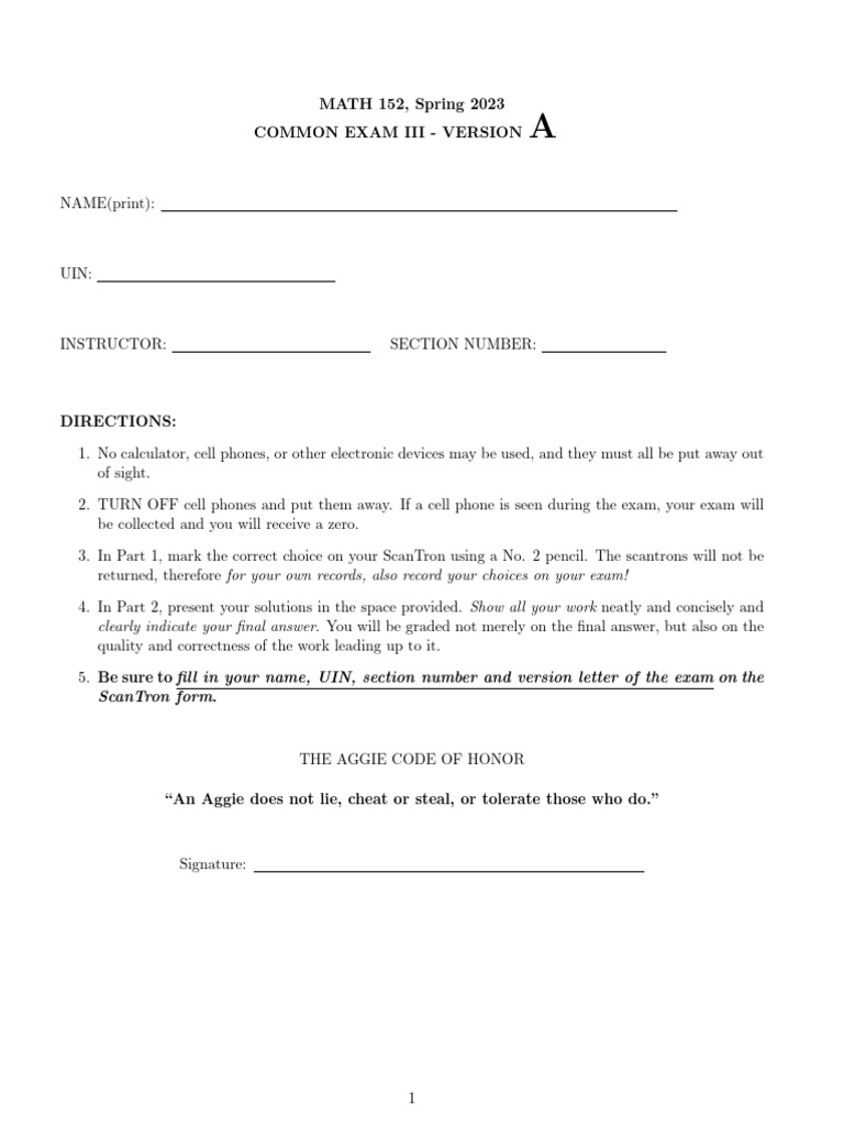 152 Exam 3A 2023 Spring - 4 | PDF | Complex Analysis | Calculus