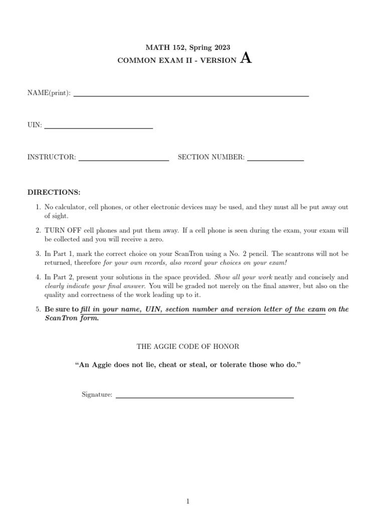 152 Exam 2A 2023 Spring | PDF | Sequence | Mathematical Concepts