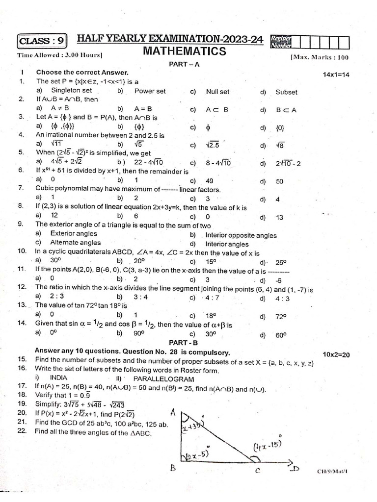 9th Maths EM Half Yearly Exam 2023 Question Paper Chengalpattu District PDF Download | PDF